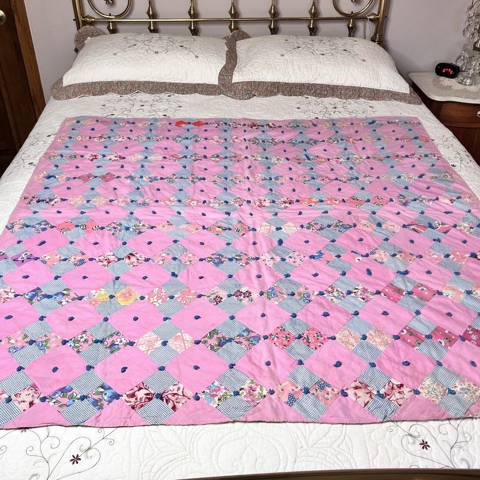 Vtg Handmade Baby Crib Quilt Blanket 48x48" Scrap Pink 4-Square Cotton ...