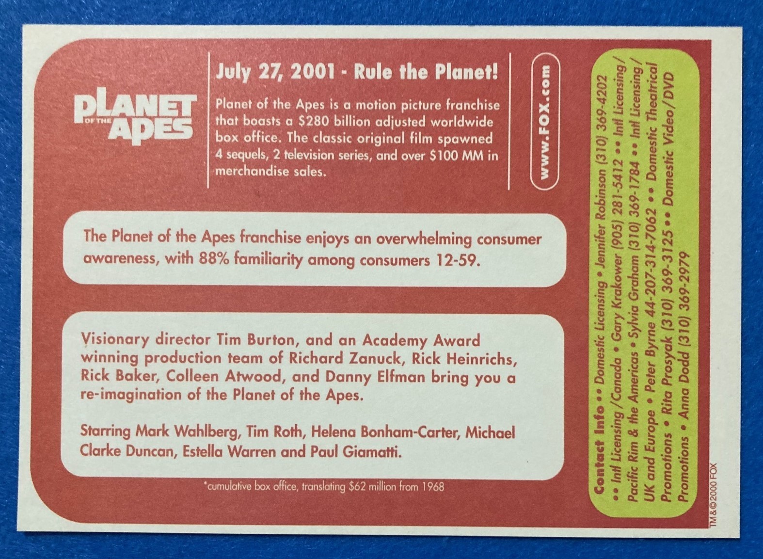 PLANET OF THE APES LICENSING PROMO CARD 20TH CENTURY FOX OS POTA 2000 ...