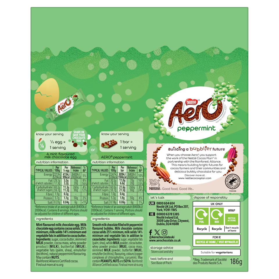 Aero Peppermint Milk Chocolate Easter Egg With Bar 186G -Easter Egg ...