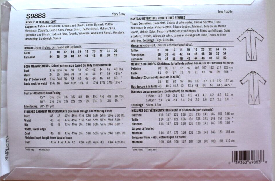 SIMPLICITY PATTERN 9883 COAT REVERSIBLE RETRO 60S MISSES SIZES 18 - 26 ...