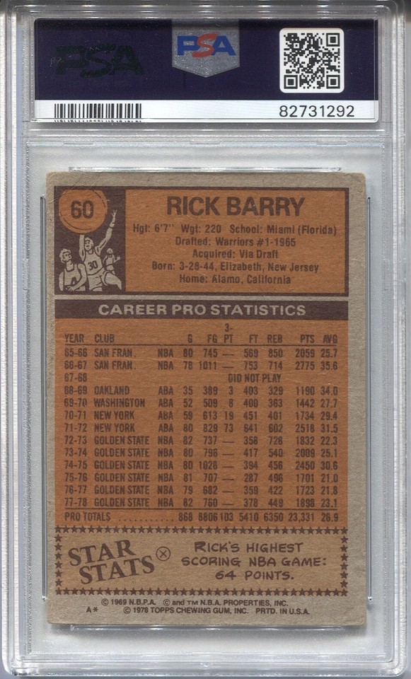 1978 Rick Barry Topps SIGNED SIGNATURE #60 Warriors PSA/DNA AUTHENTIC ...