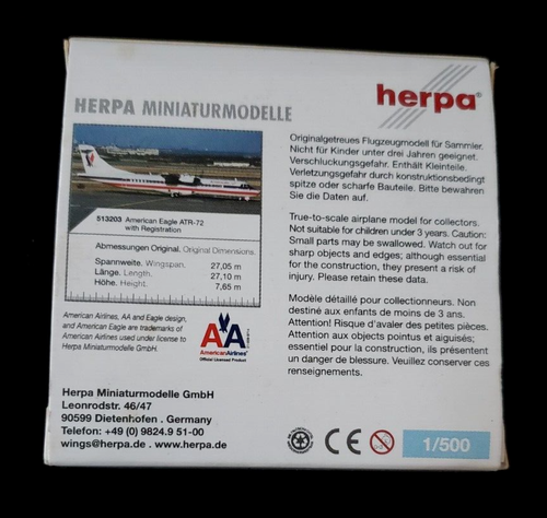 Herpa Wings 1:500 AMERICAN EAGLE ATR-72 Diecast Airplane 513203, RARE ...