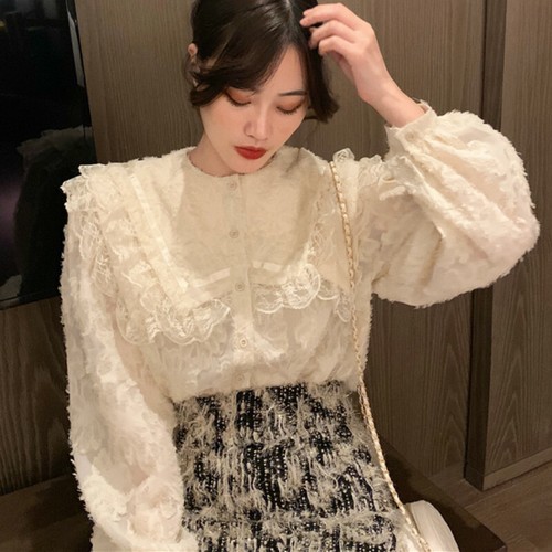 Lady Lace Blouse Ruffle Loose Button Shirt Tops Round Neck Puff Sleeve ...