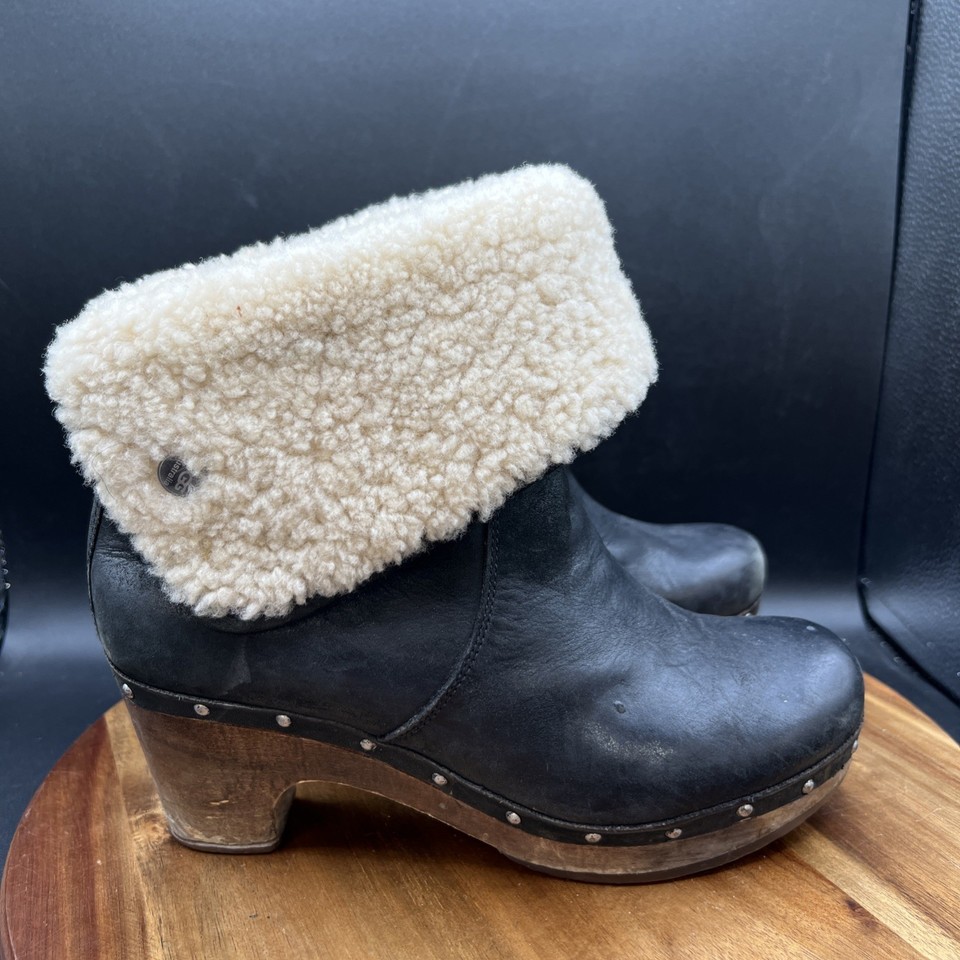 UGG Women’s Size 7 Lynnea Leather Ankle Boot Studded Wood Heels Roll ...