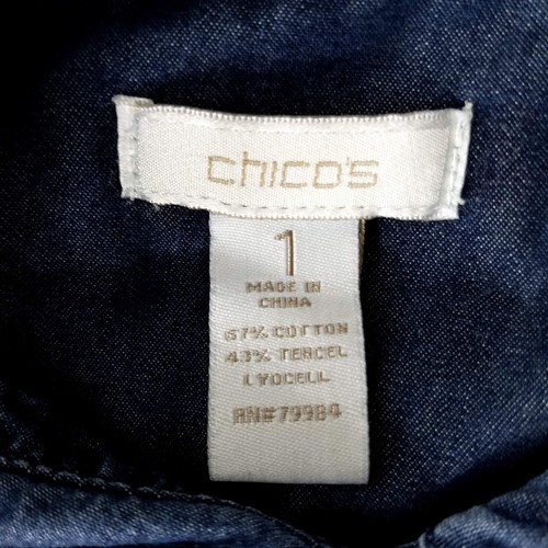 Chico's Size 1 Medium Tencel Denim Button Up Shirt Blue Pockets Long ...