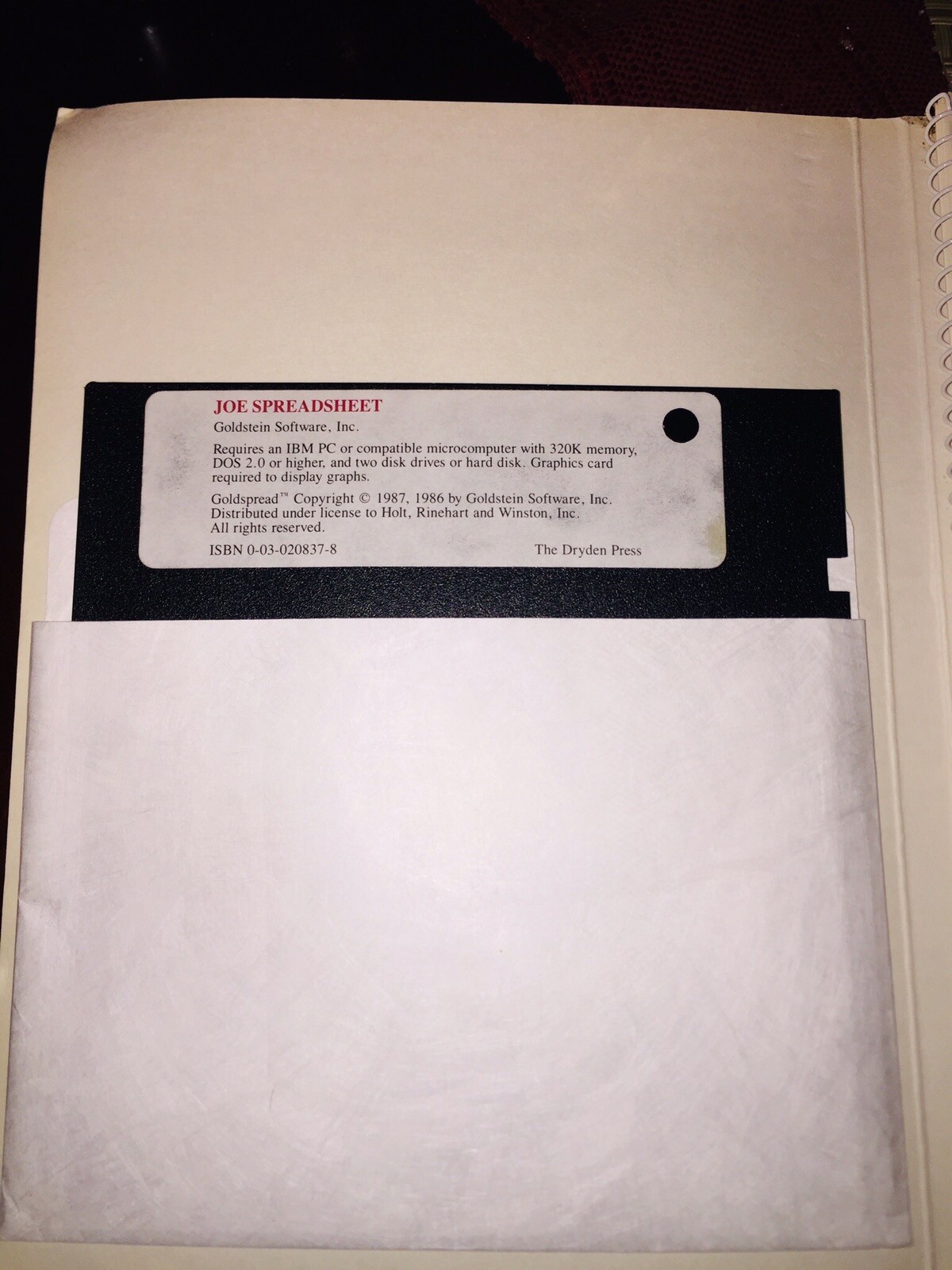 Joe Spreadsheet Goldstein Software/Manual for IBM PC 1987 5 1/4 5.25 ...