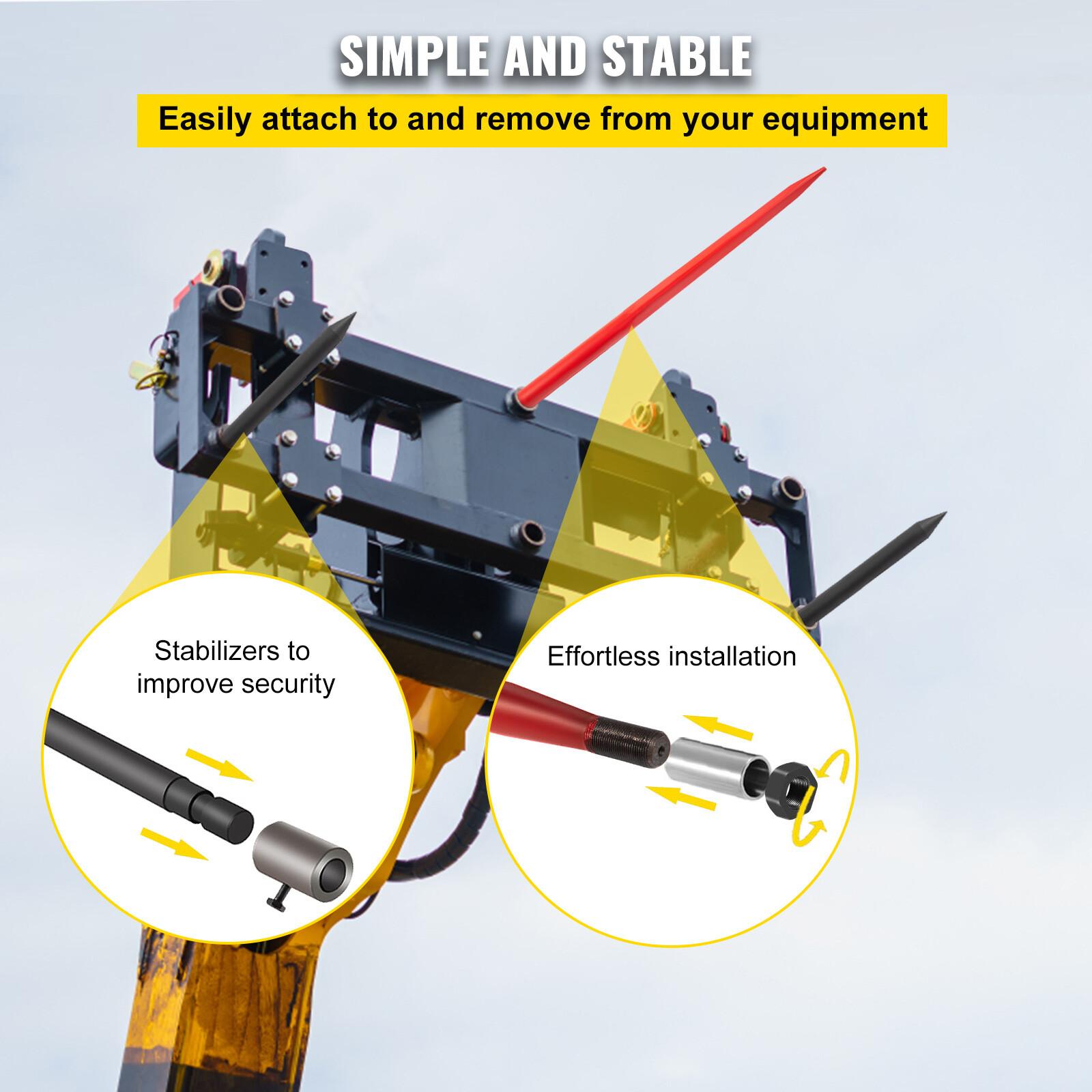 VEVOR Hay Bale Spear 49" 3000 lbs Spike Fork 45#Steel W/2 Stabilizers & Sleeves | eBay