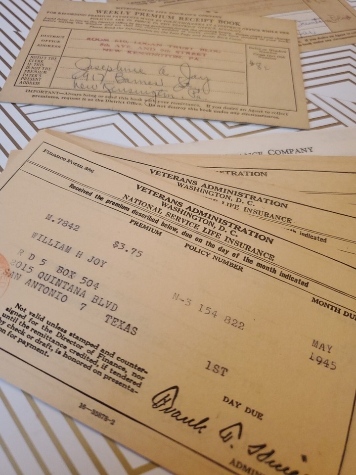 Large Lot Veteran's Administration Life Insurance Reciepts 1940s WWII ...