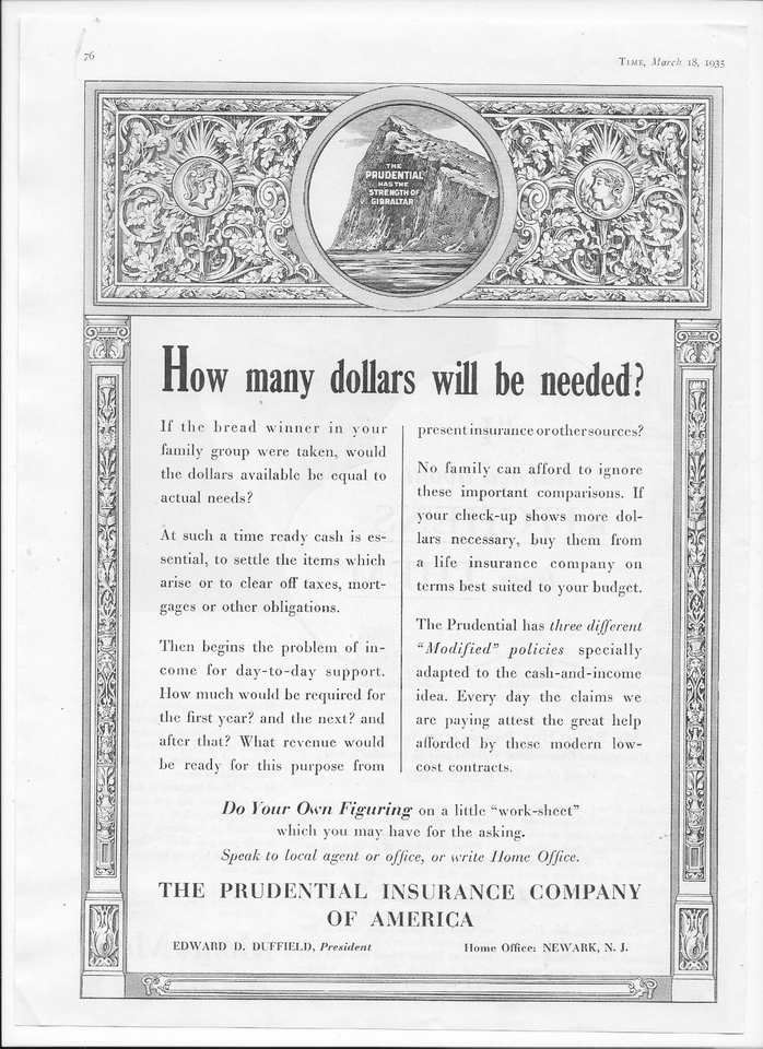 1935 PRUDENTIAL INSURANCE ADS- ORIGINAL VINTAGE AD- TWO in ONE AUCTION ...