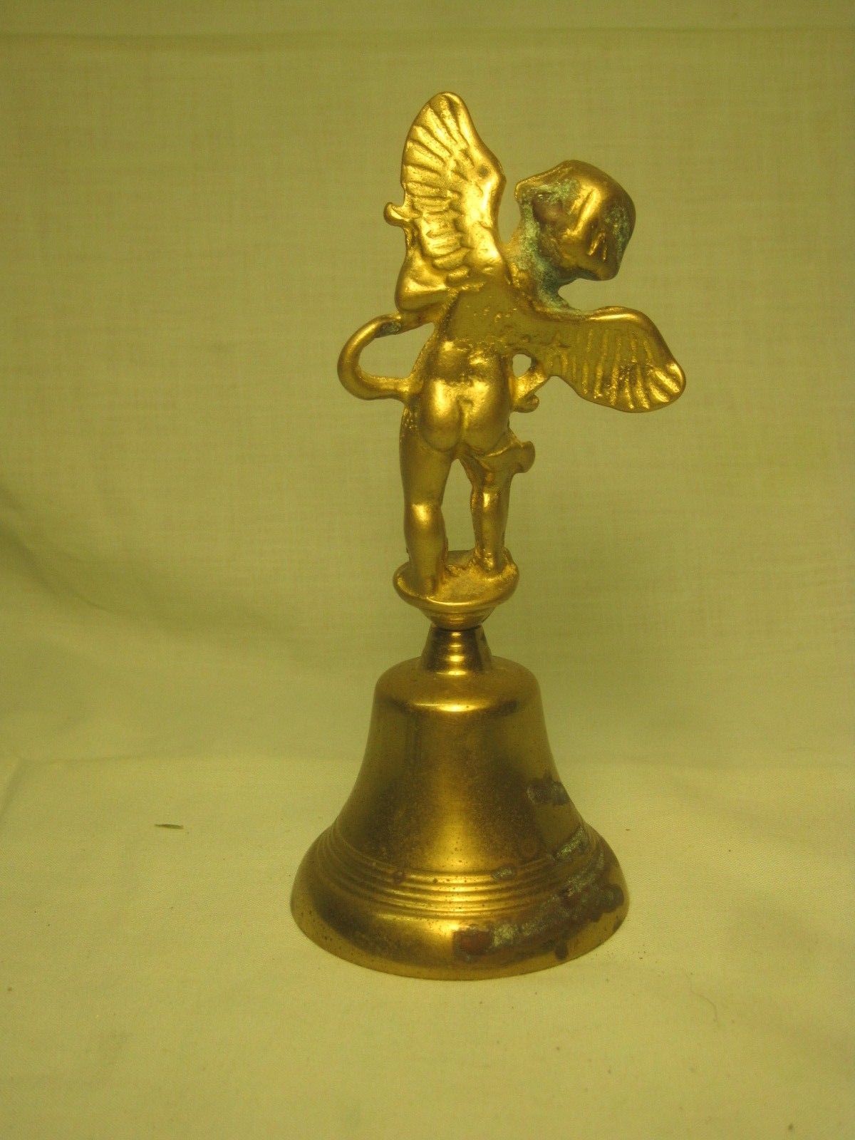 vintage solid brass angle figural cherub bell ring ding 5 3/4" dinger ...