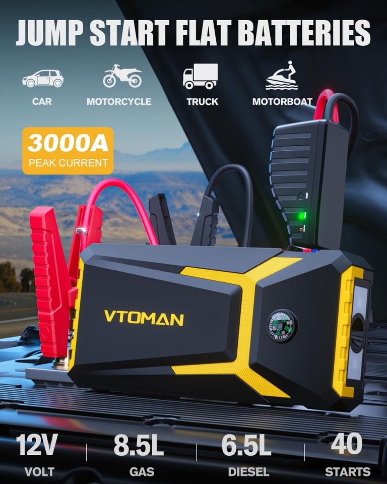 VTOMAN V8 Pro 3000A Peak 12V Car Jump Starter Portable Battery Booster ...