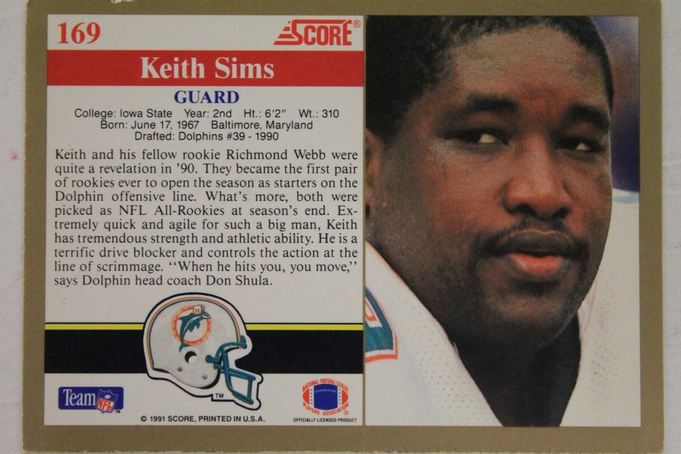 Keith Sims Miami Dolphins Autographed 1991 Score NFL Card #169 | eBay