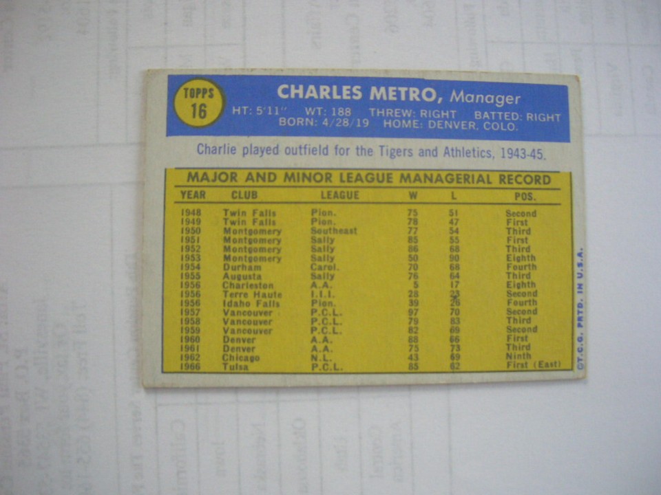 1970 Topps Baseball Charlie Metro, #16 FREE shipping | eBay