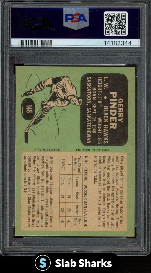1970 O-PEE-CHEE OPC #148 GERRY PINDER ROOKIE RC BLACK HAWKS NM-MT PSA 8 ...