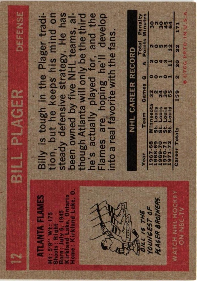 BILL PLAGER 1972-73 Topps Hockey #12 FREE SHIP 50% OFF SALE ...