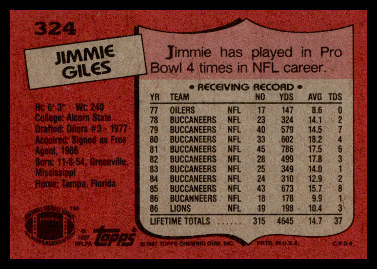 1987 Topps Jimmie Giles #324 Detroit Lions FREE SHIPPING | eBay