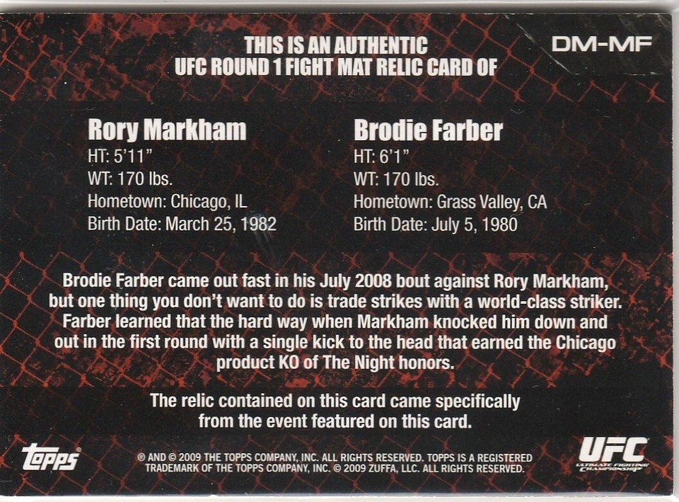 2009 Topps UFC Round 1 Debut Mat Relics #DM-MF Rory Markham/Brodie ...