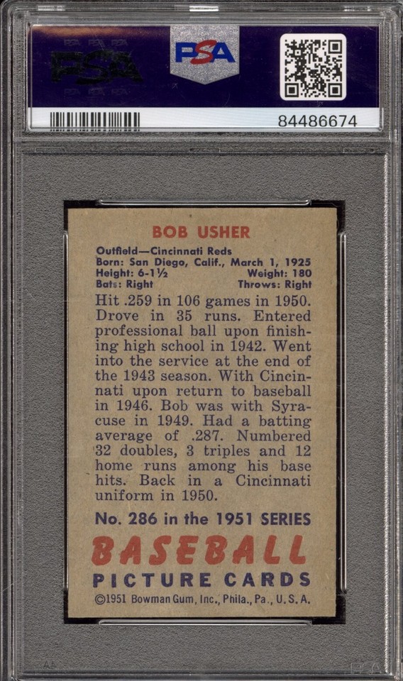1951 Bowman #286 Bob Usher - PSA EX-MT 6 - Cincinnati Reds - VSCARDS | eBay