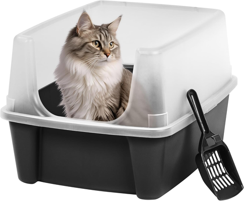 IRIS USA Large Cat Litter Box with Scatter Shield and Scoop, Open Top ...