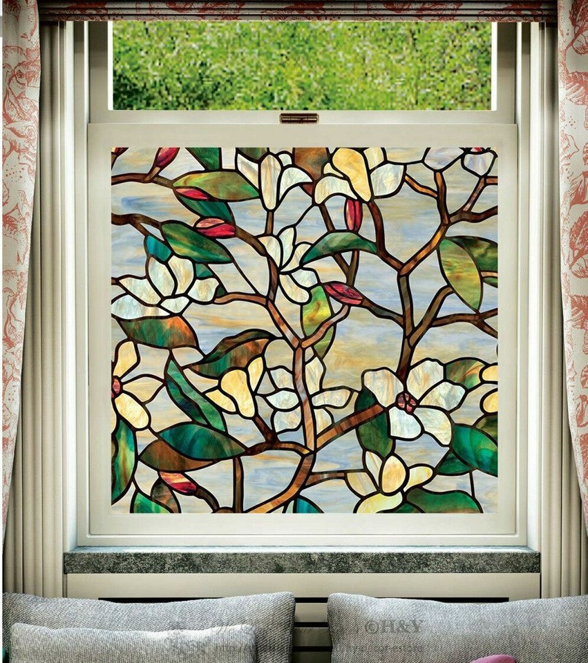 Magnolia Flower Window Film Print Sticker Cling Stained Glass UV Block ...