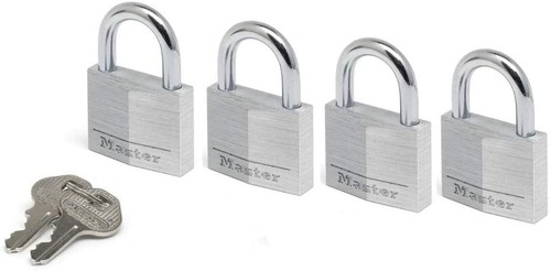 Master Lock 9140EURQNOP Pack of 4 Key Padlocks in Aluminium, Grey, 4 x ...