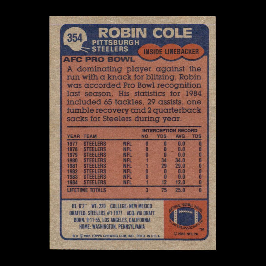Robin Cole 1985 Topps Pittsburgh Steelers #354 Set Break Great ...