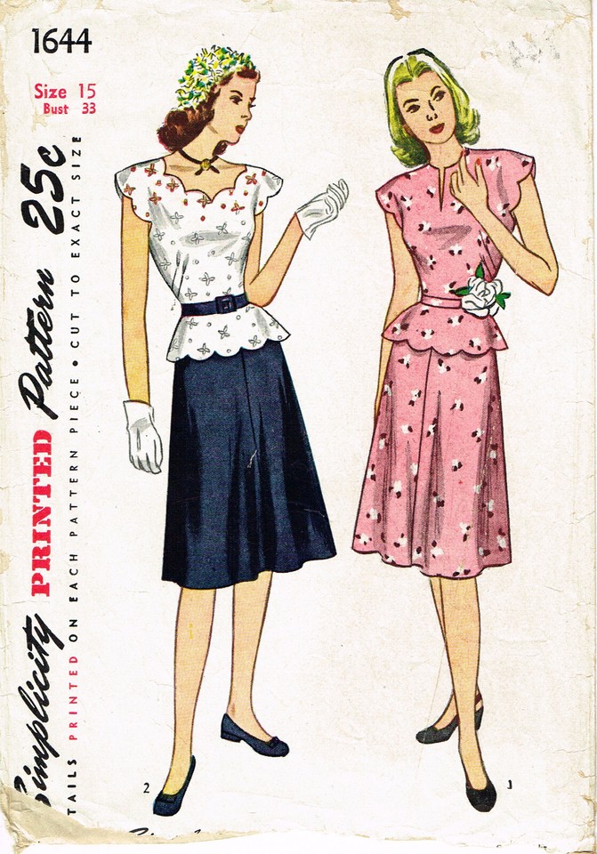 Simplicity 1644: 1940s Misses 2 PC Peplum Dress Size 33 B Vintage ...