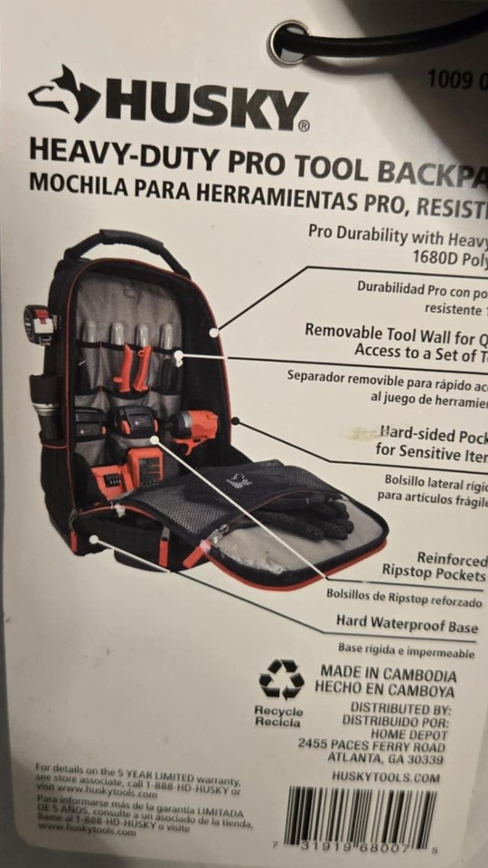 Husky PRO Tool Backpack Heavy Duty Jobsite 40 Pocket Organization ...