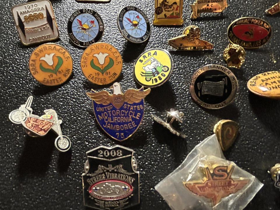 VINTAGE LOT 40 MOTORCYCLE PINS Street VibEs Metal Music AMA Dice Poker ...