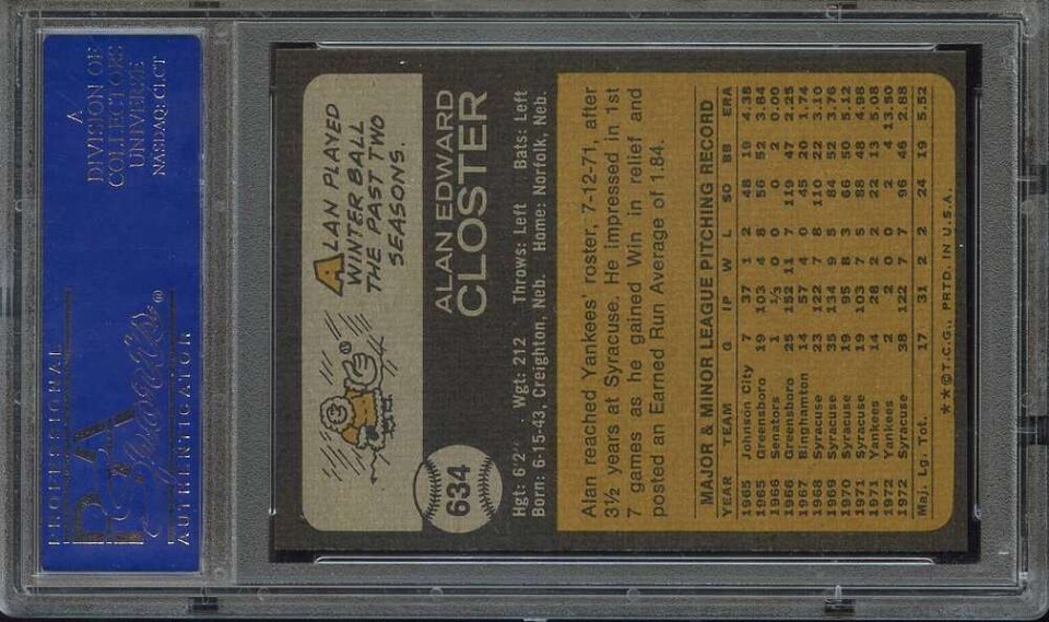 1973 TOPPS #634 ALAN CLOSTER PSA 8 YANKEES *B73124 | eBay