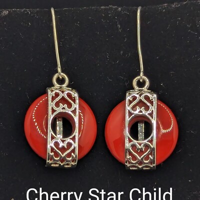 Sterling 925 silver filigree bright red ring dangle drop earrings ...