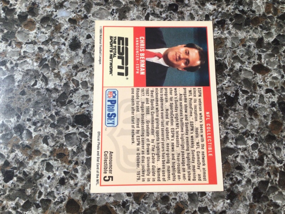 Chris Berman, ESPN. "NFL Collectible", 1989 Pro Set Announcer Card #5 ...
