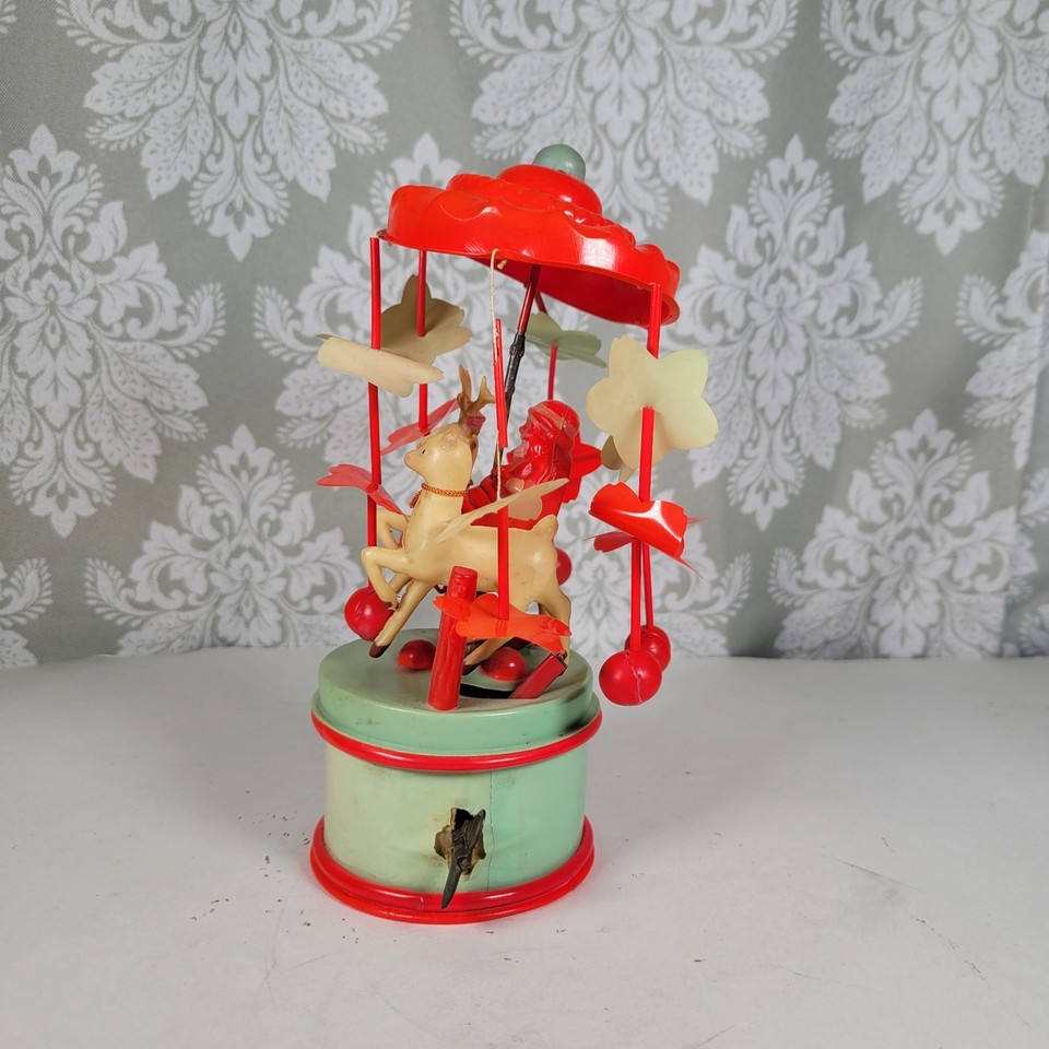 Vintage Plastic Celluloid Christmas Santa & Reindeer Wind Up Toy WORKS ...