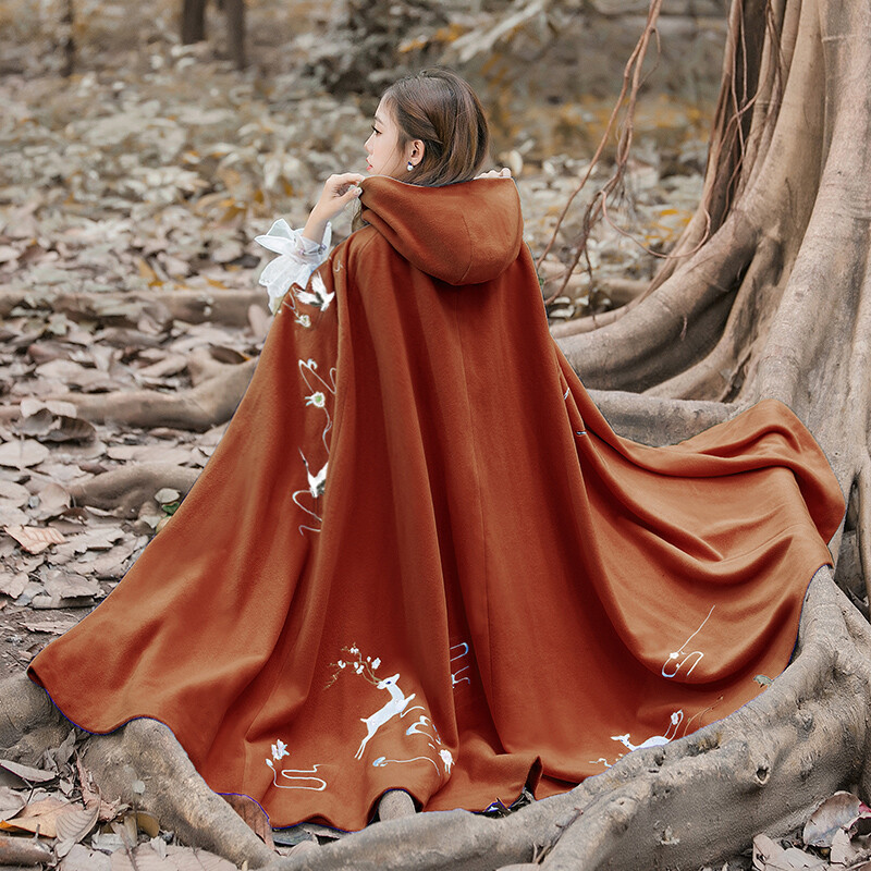Chinese Vintage Womens Embroidery Cape Wool Trench Coat Loose Hooded ...