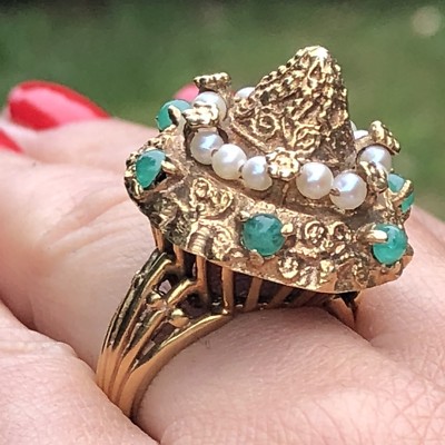 Etruscan Revival 14K Yellow Gold Seed Pearl Emerald Cab Thai Princess ...