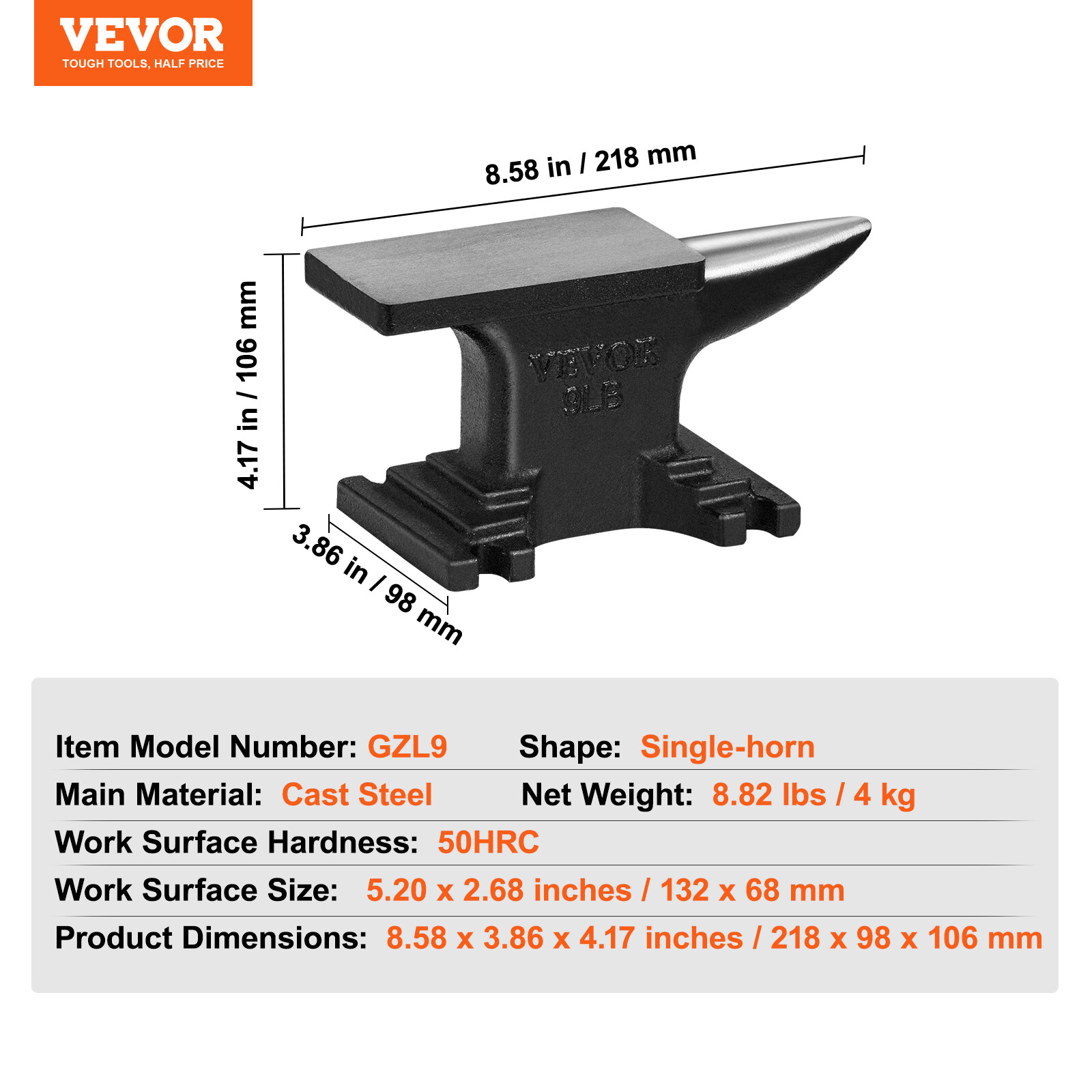 VEVOR Single Horn Anvil 8.8 lbs Cast Steel Anvil Blacksmith Forging ...