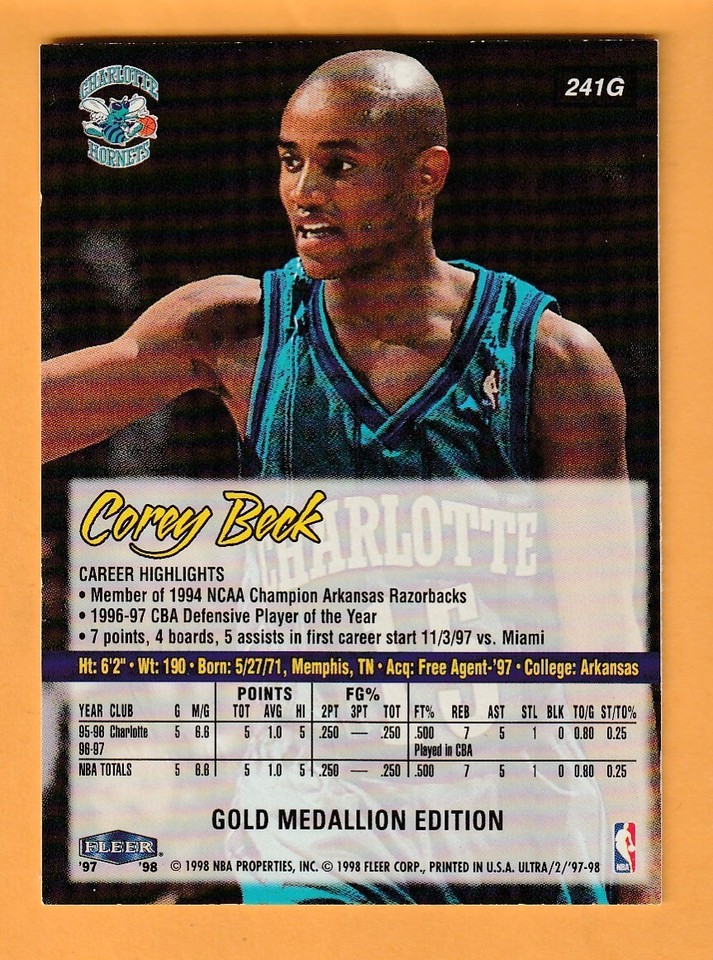 Corey Beck Charlotte Hornets 1997-98 Ultra Gold Medallion #241G RC ...