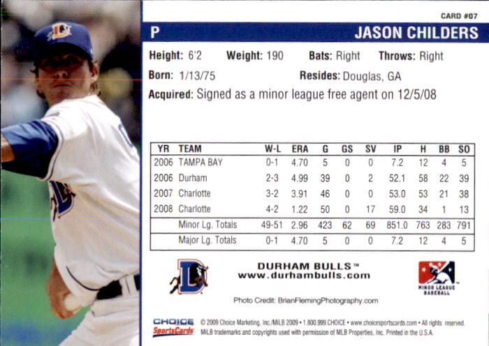 2009 Durham Bulls Choice #7 Jason Childers Douglas Georgia GA Baseball ...