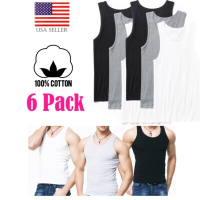 6 Pack A-Shirt Pack Tank Top Men Gym 100% Cotton Tag-free Tank Top US ...