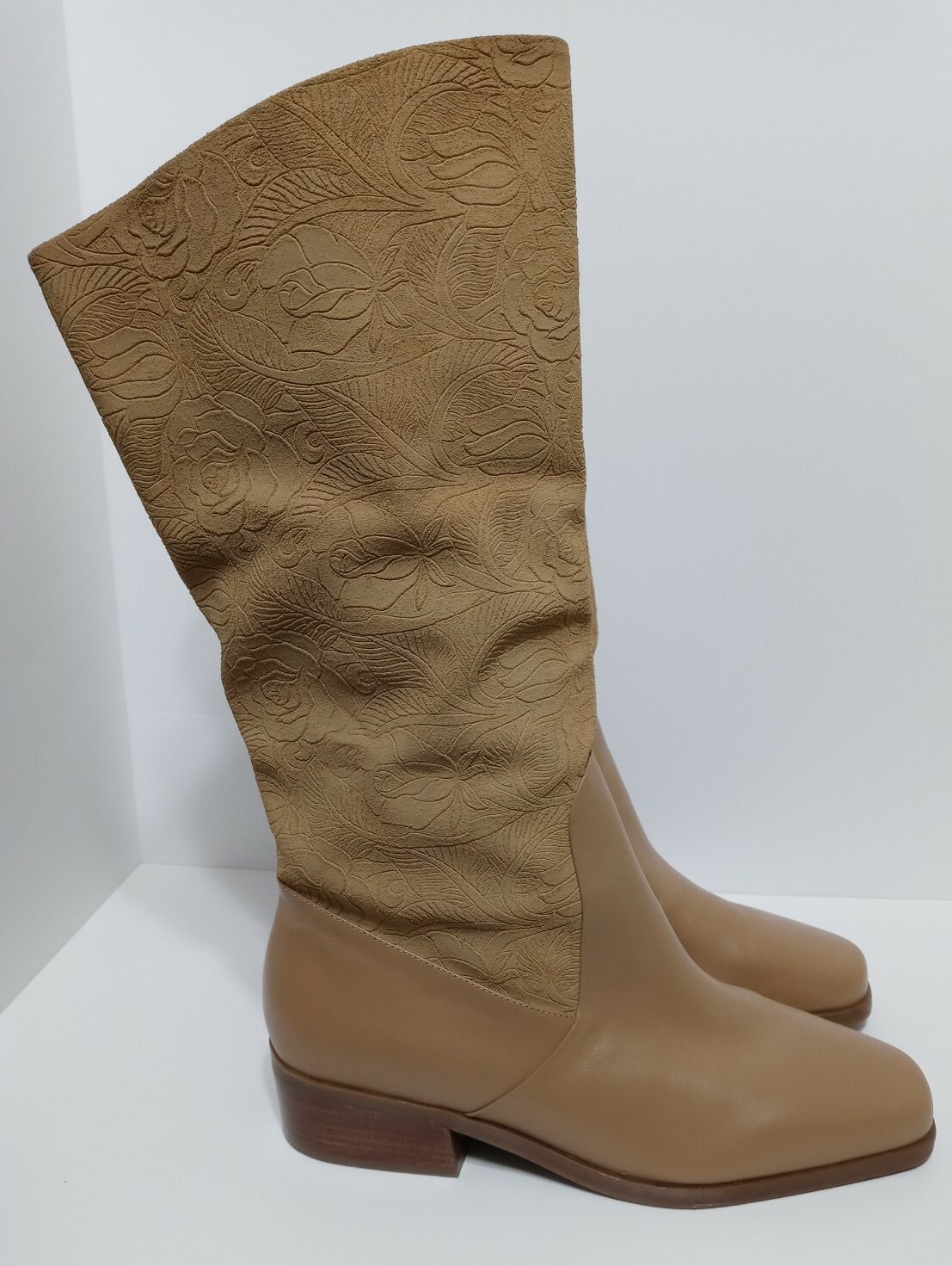 Vtg 90s Markon Tan Suede Leather Boots Suela 10M Mid Calf Embossed Rose ...