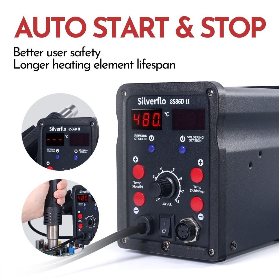 750W Silverflo Soldering Station Solder Iron Kit Hot Air 2 in 1 Rework ...