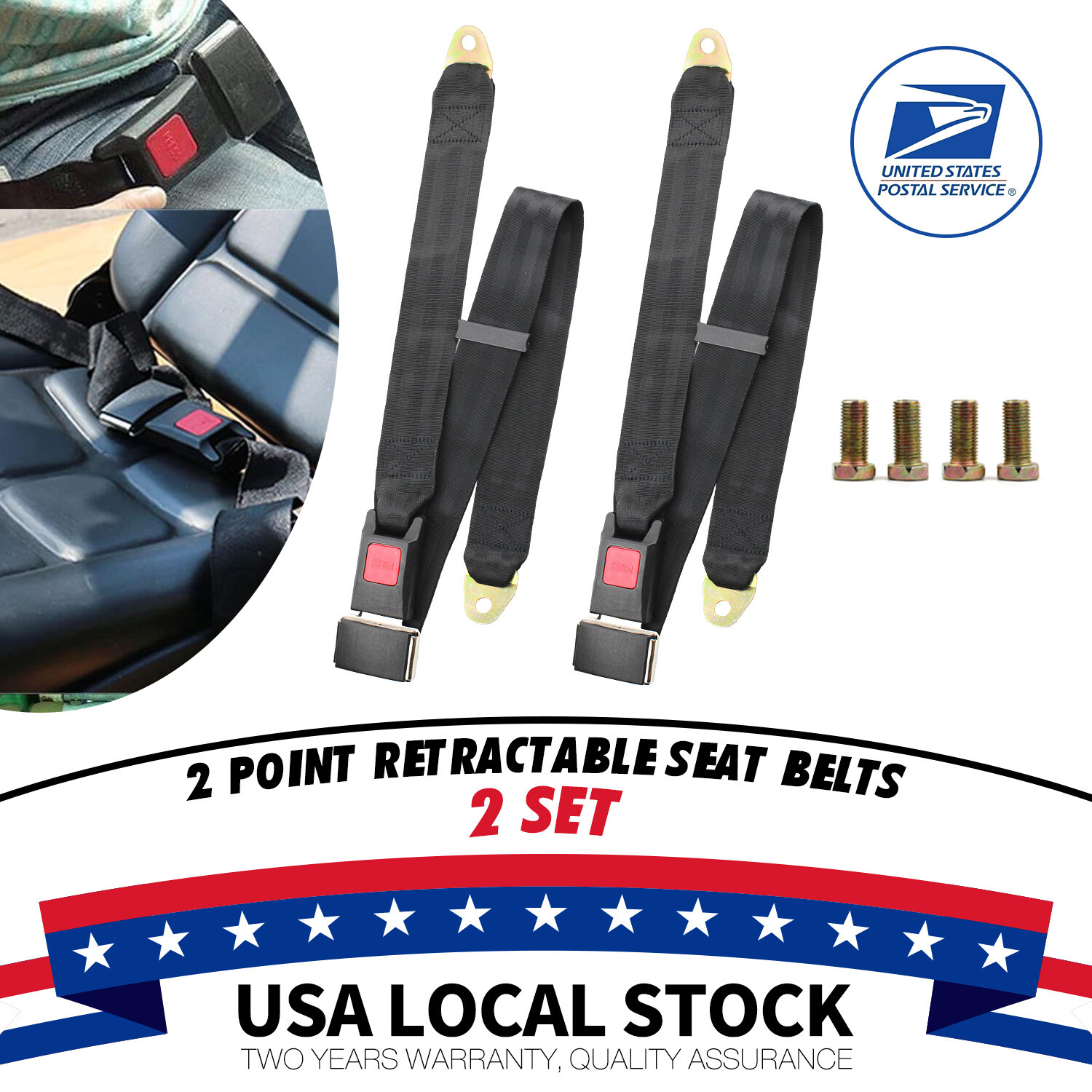 2Set Universal Lap Seat Belt 2 Point Adjustable Retractable Car Single ...