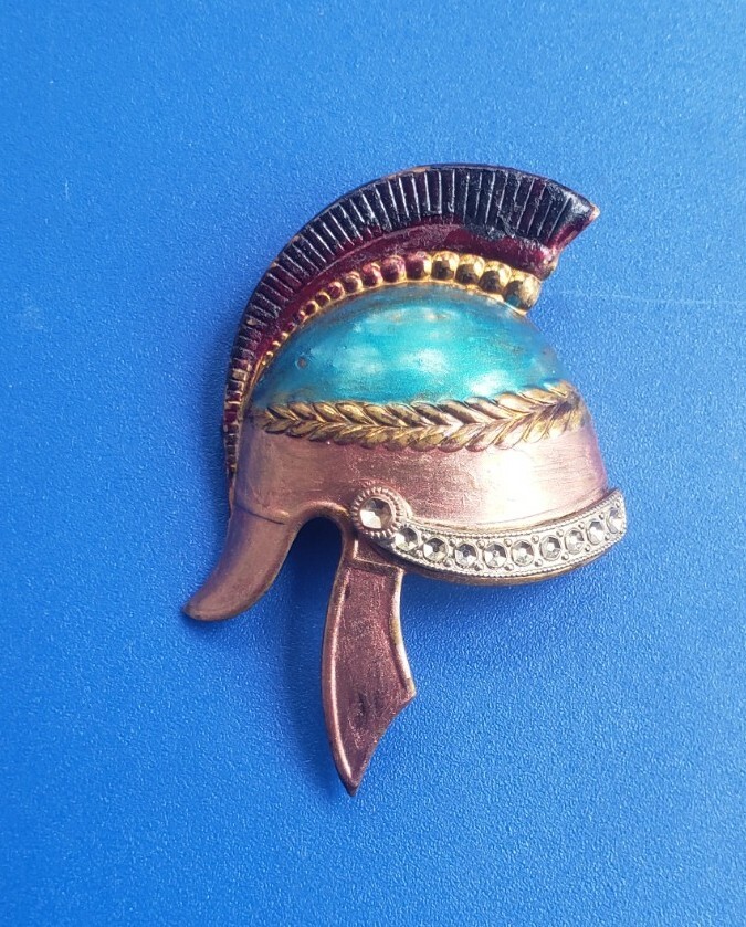 Vintage Roman Trojan Gladiator Helmet Brooch Pin - Gem