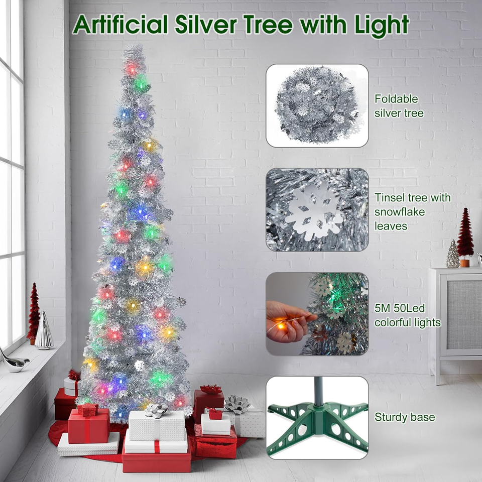 5Ft/1.5M Pop Up Collapsible Christmas Tree with Lights Silver Tinsel ...