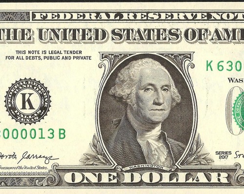 NUMBER 63 MIL 13 FEDERAL RESERVE NOTE 2017 $1 DOLLAR BILL DALLAS FRN ...