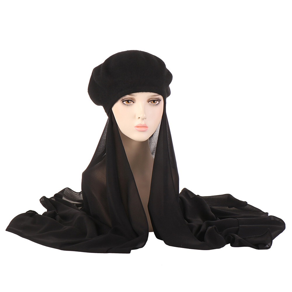 Muslim Women Hijab Beret Cap With Scarf Chiffon Shawl Turban Hat ...