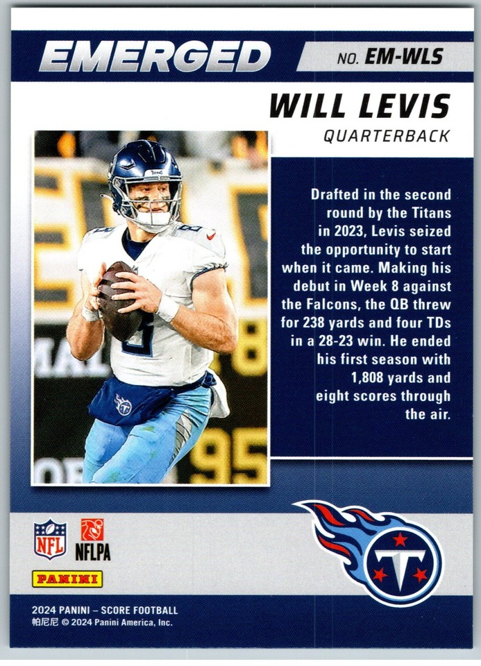 #EM-WLS Will Levis 2024 Score Football Green END ZONE 4/6 Tennessee ...