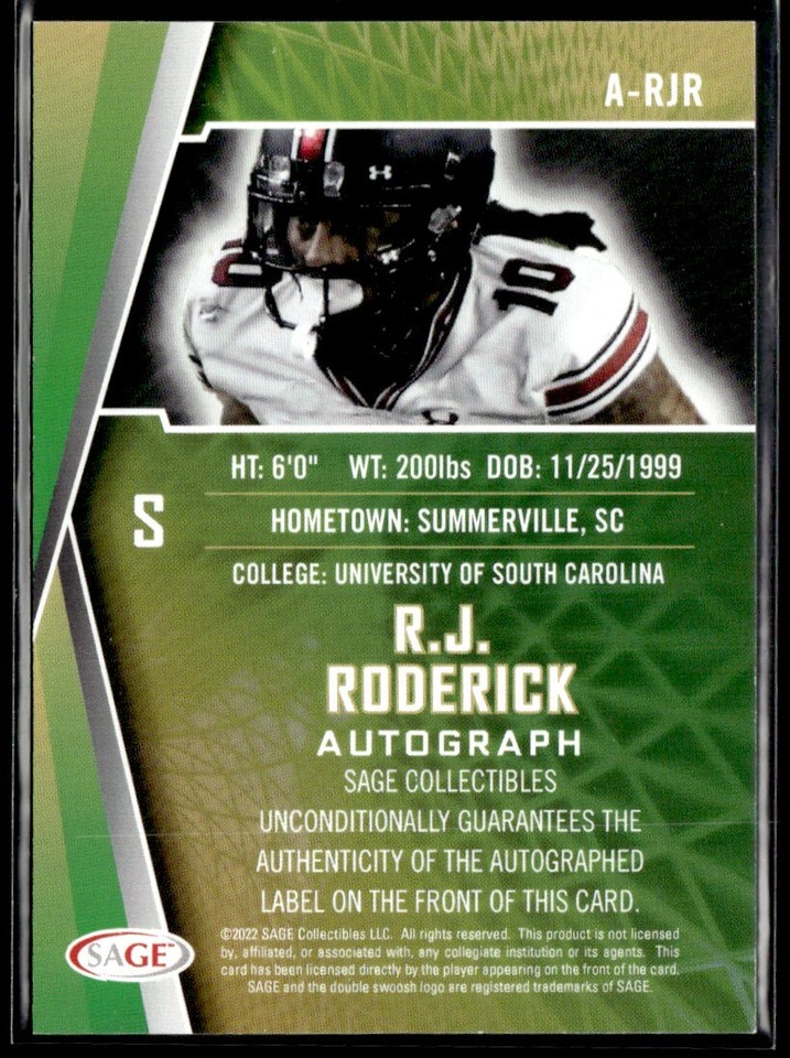 2022 SAGE HIT Autographs Black R.J. Roderick Auto South Carolina ...