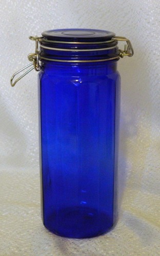 Vintage Cobal Blue Glass 12 Panel Canister Storage Jar Hinged Wire Lid ...