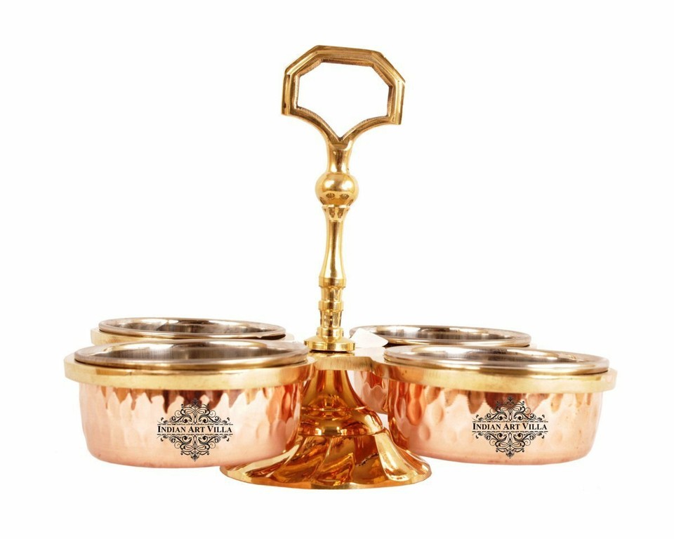Steel Copper 4 Compartment Condiment Pickle Dry Fruit Bowl Set ...
